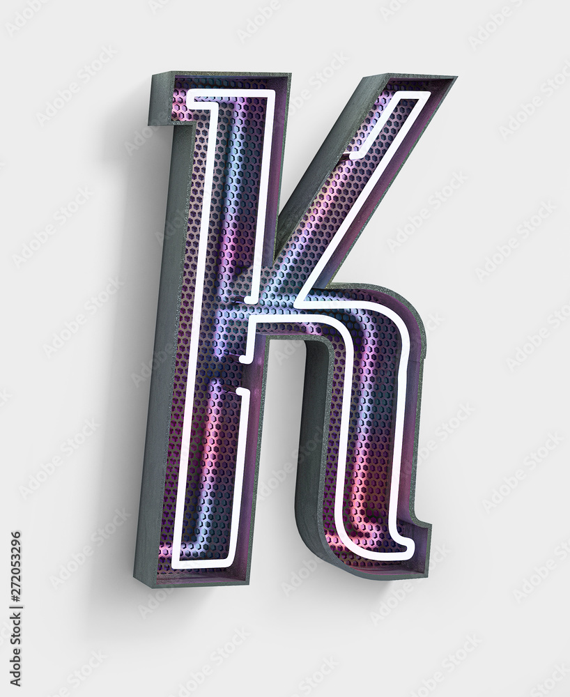 Vivid Neon Font with fluorescent wire and Bold Grey frame. Letter K ...