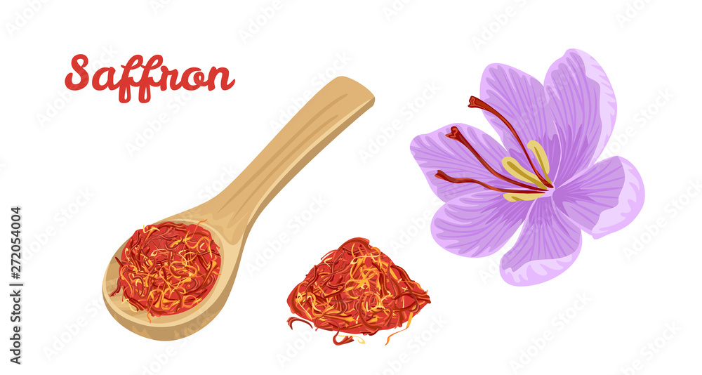 Saffron set. Dried spice saffron threads in wooden spoon and flower ...