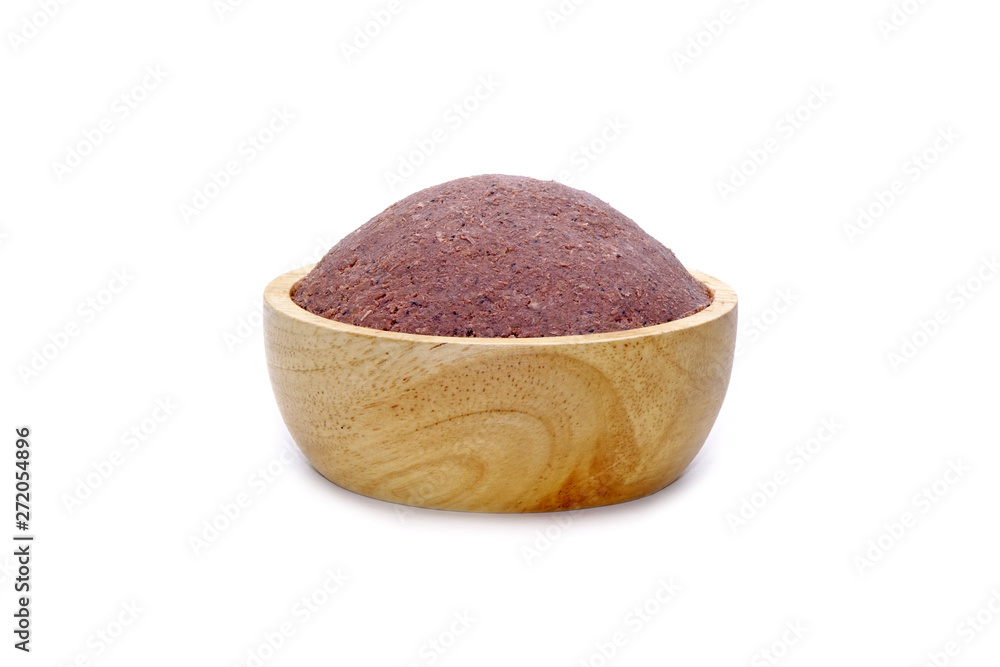 Shrimp paste (Kapi) in wooden bowl isolated on white background. Shrimp ...