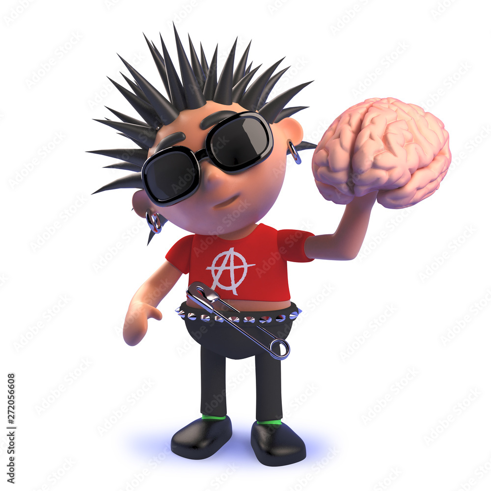 Cartoon punk rocker character in 3d holding a human brain Stock ...