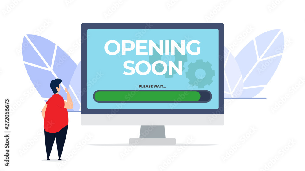 opening soon creative illustration vector of graphic , small people in ...