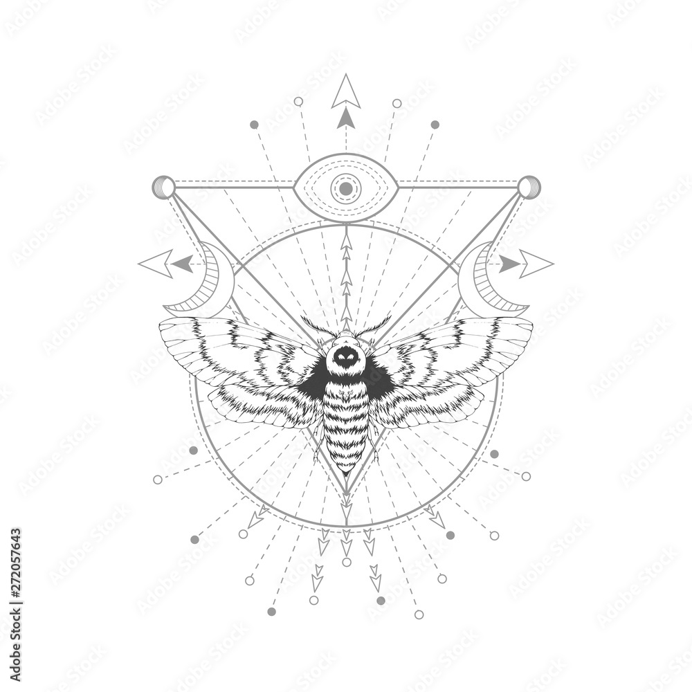 Vector illustration with hand drawn dead head moth and Sacred geometric ...