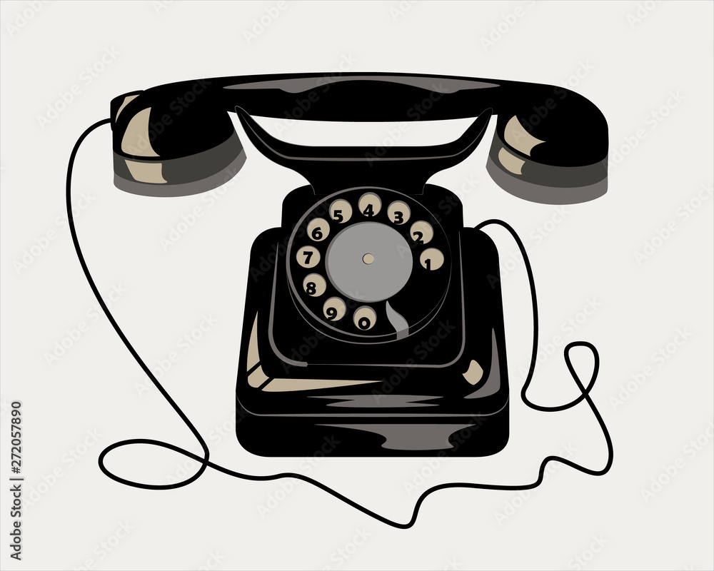 Black phone with a dial disk, handset, and wire. Isolated old phone ...