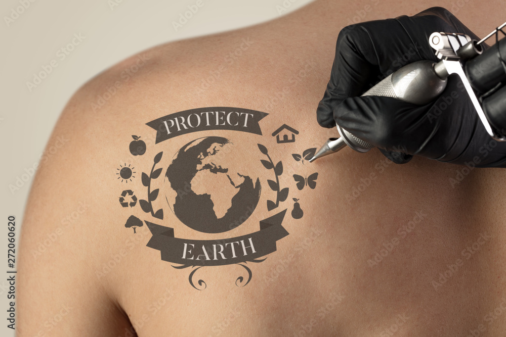 Hand tattooing recycle for a better environment concept on naked clear ...