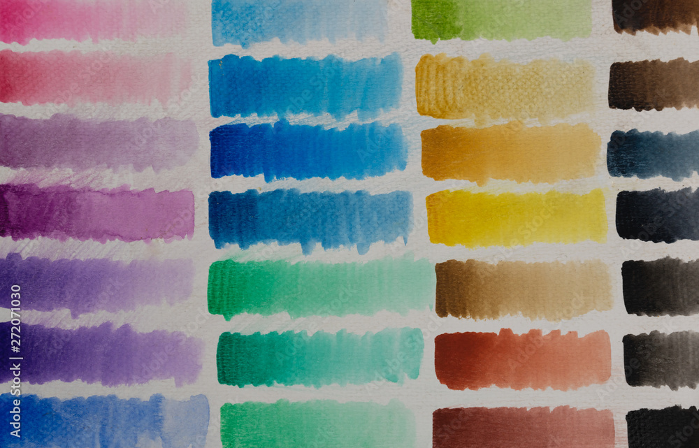 Painted watercolor swatch chart with various hues and shades ...