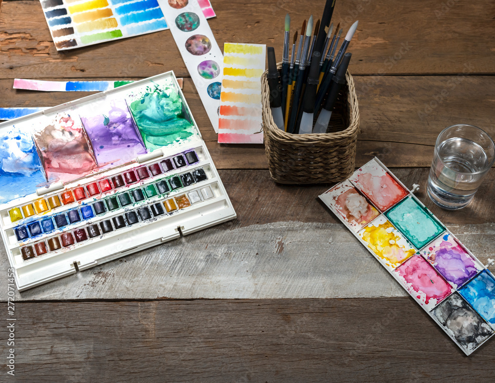Overhead view of an artist work studio space with tools and equipment ...