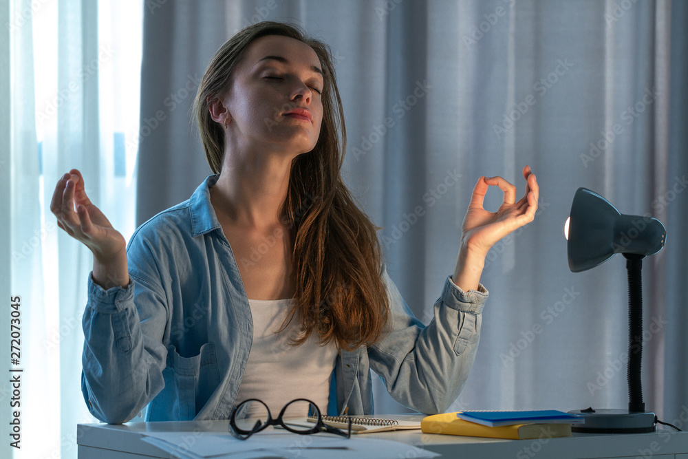 Tired overworked woman feeling fatigue, took a break for rest and ...