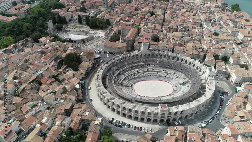 Aerial view of Arles Amphitheatre in French Arenes d'Arles is a Roman ...