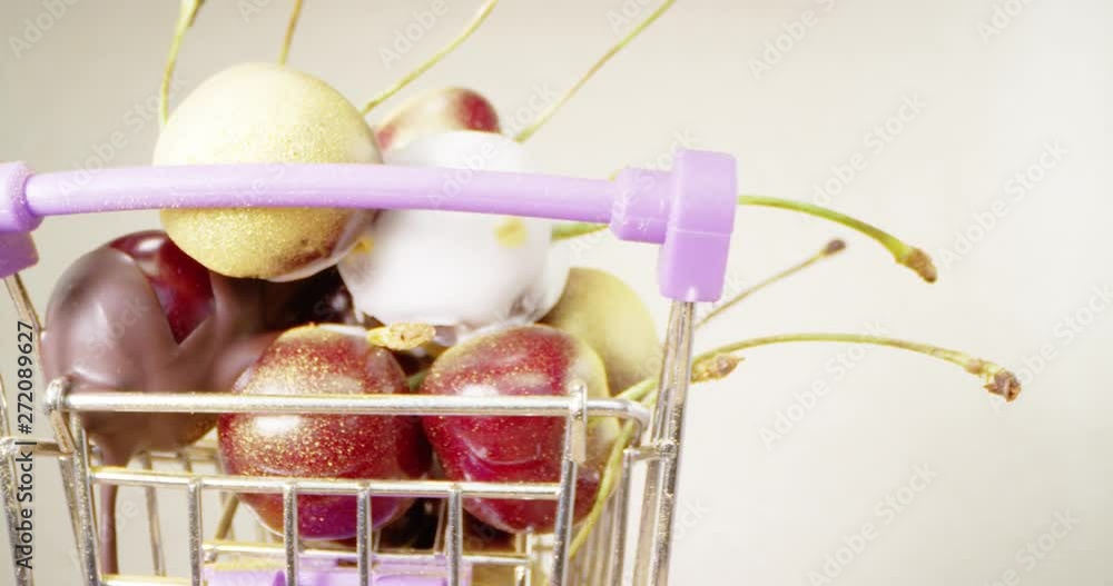 Full Cart Of Cherry Rotates On A White Background. Big Cherry In A ...