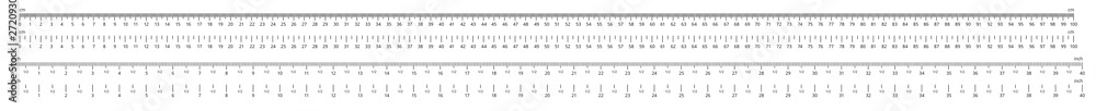 Ruler scale. Measurable scales, 100 centimeters and 40 inches rulers ...