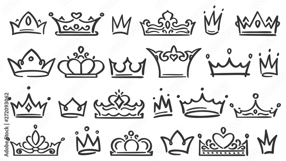 Hand drawn crown. Luxury crowns sketch, queen or king coronation doodle ...