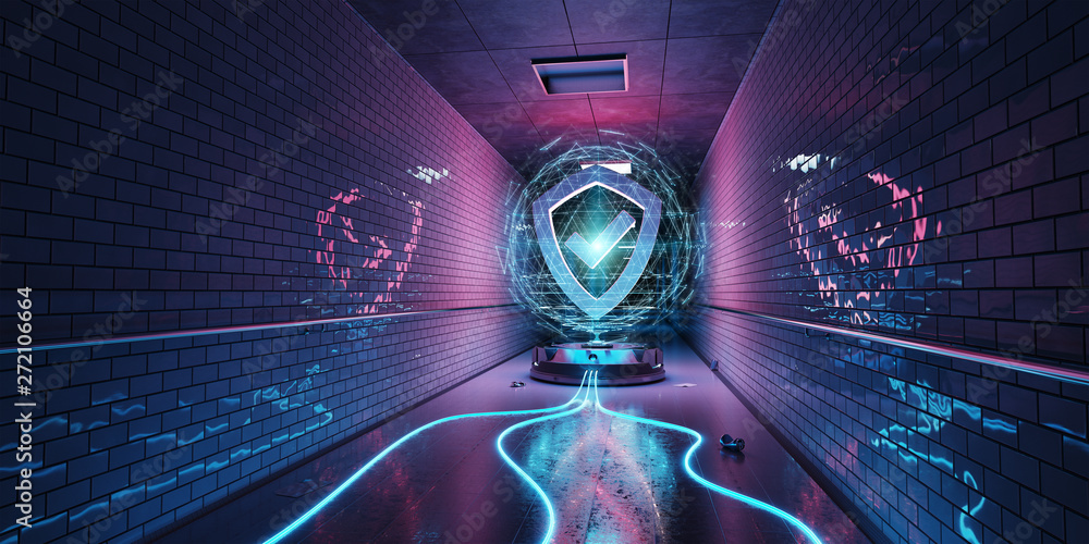 Underground cyber security hologram with digital shield 3D rendering ...
