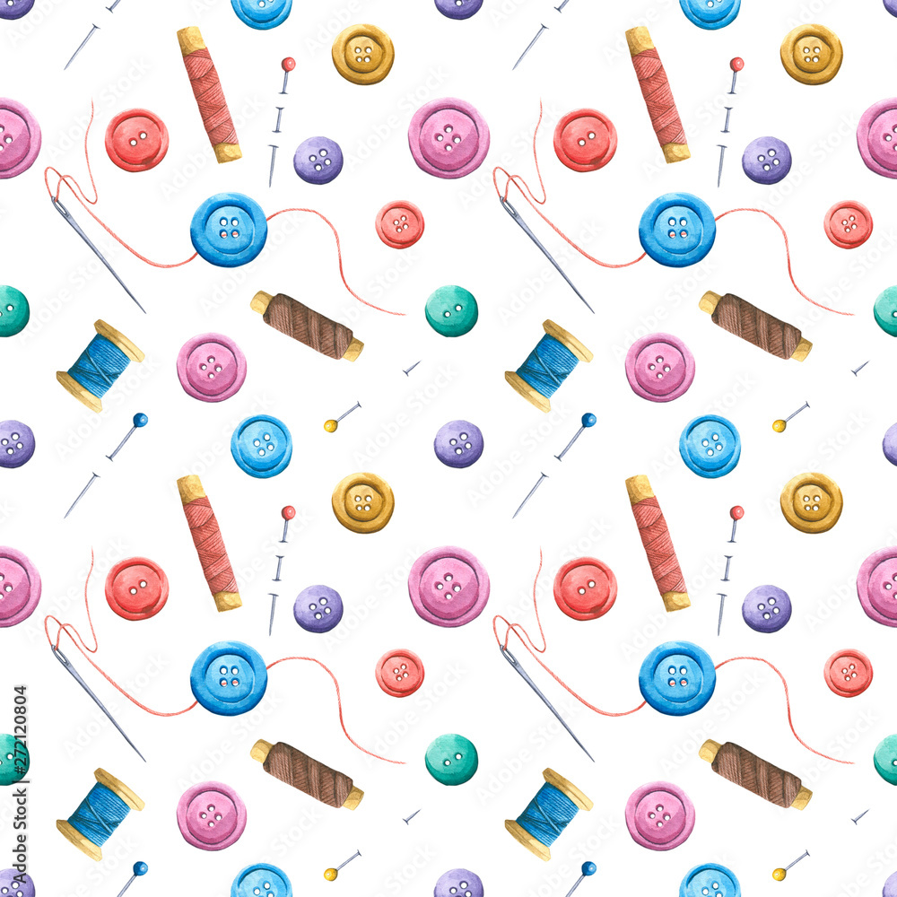 Sewing tools seamless pattern - buttons, spool and needle. Sewing kit ...