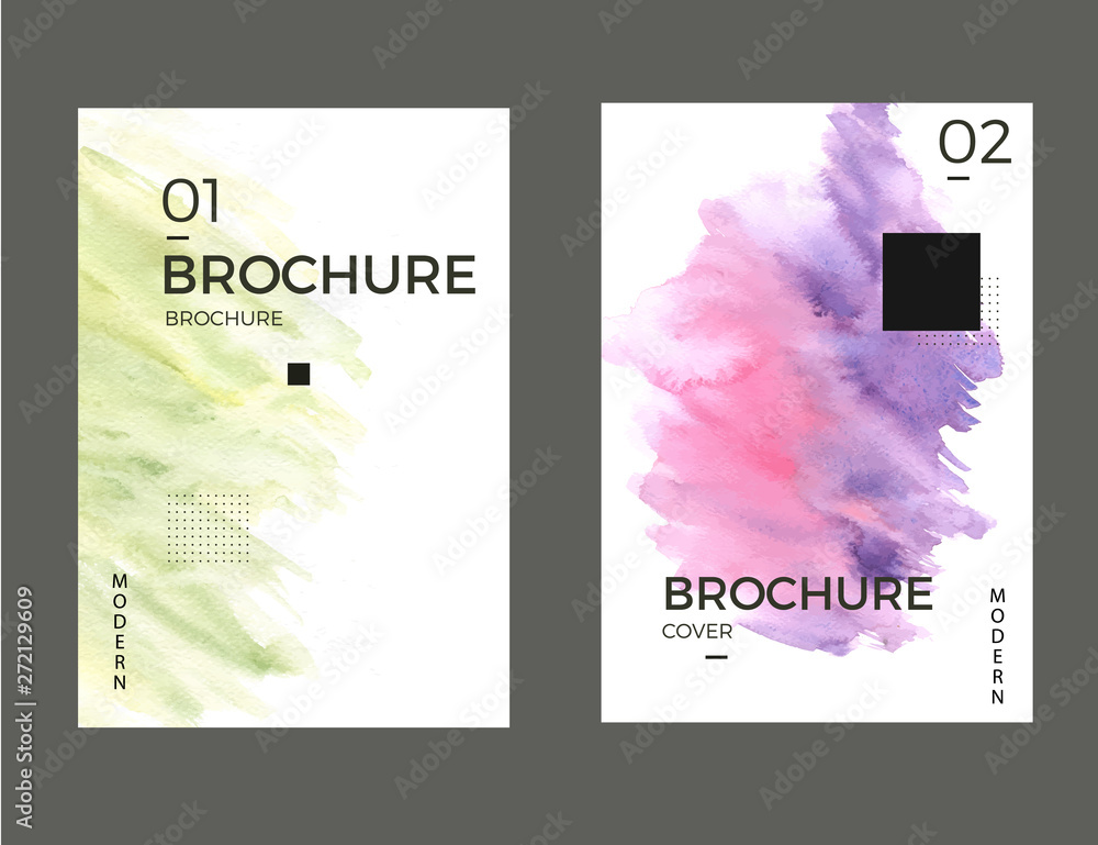 Modern green aznd purple leaflet set. Watercolor background design ...