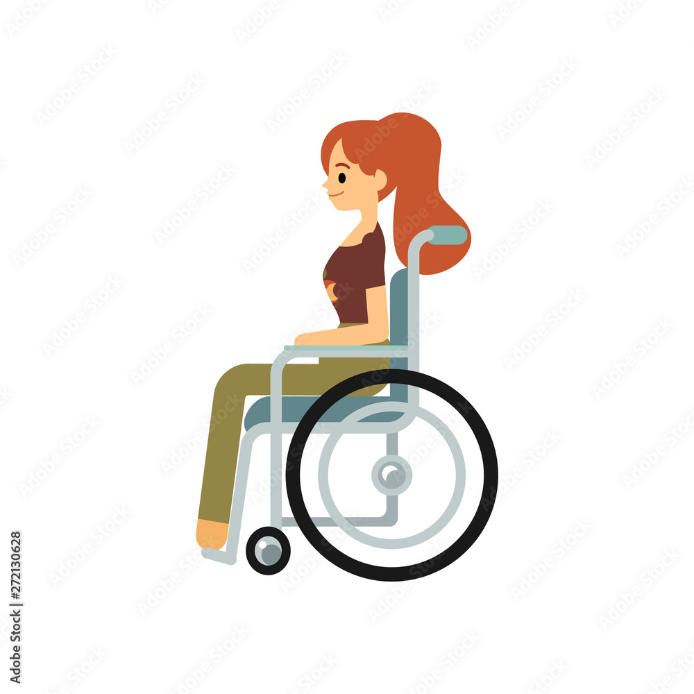 Smiling handicapped woman sitting in wheelchair in side view flat ...