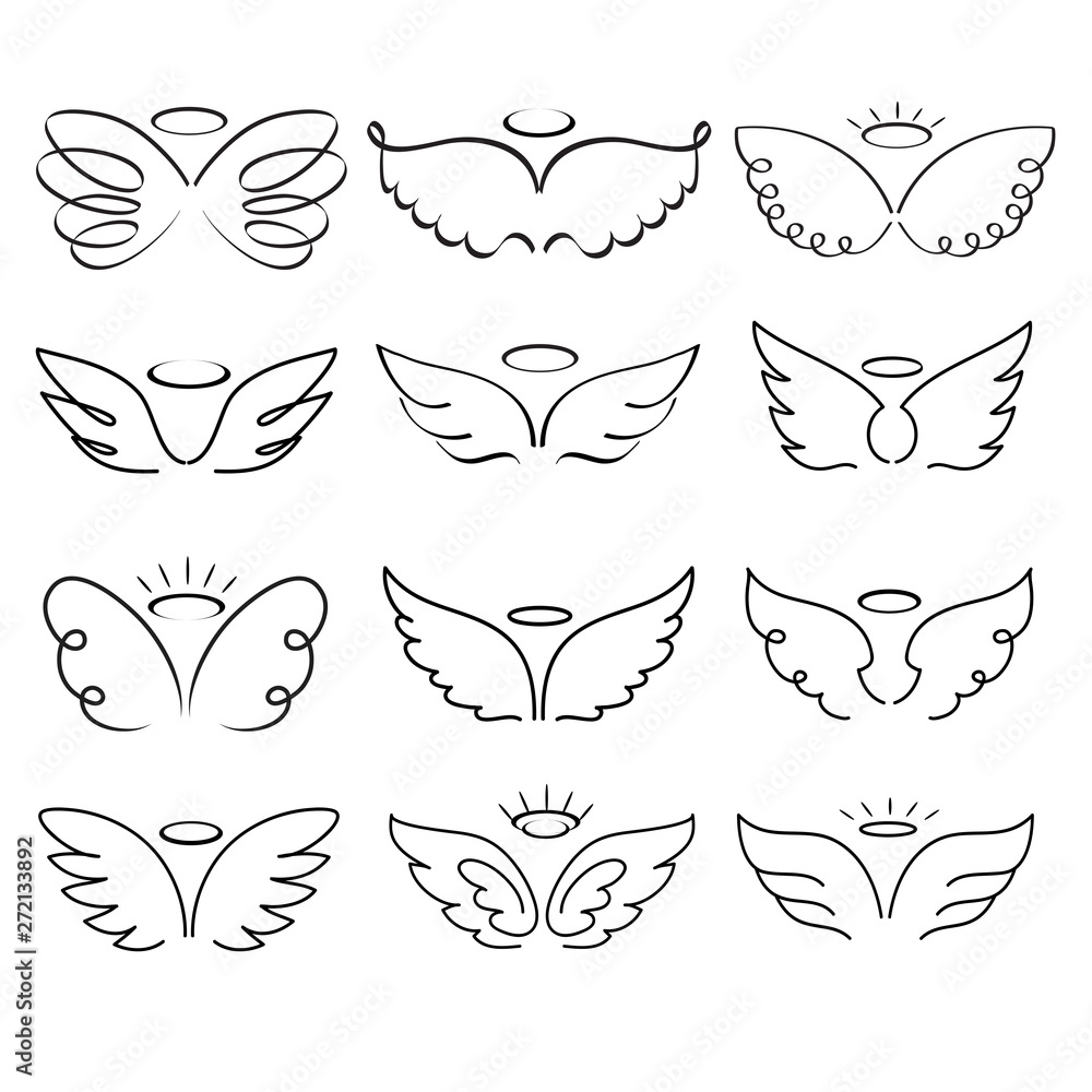 Angel wings drawing vector illustration. Winged angelic tattoo icons ...