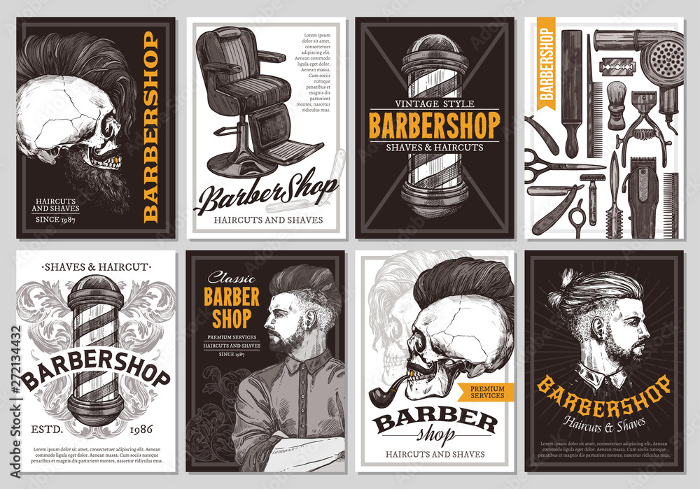 Hand drawn vector barber shop banners with sketch engraving ...