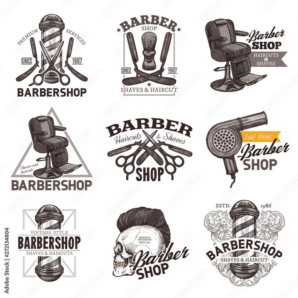 Set of vintage barbershop emblems, labels and badges in hand drawn ...