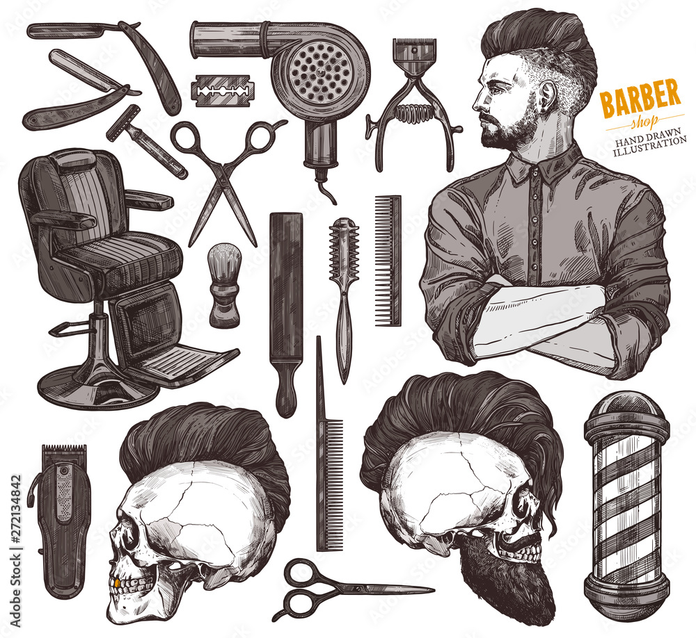 Vector collection of hand drawn barbeshop tools and accessories with ...