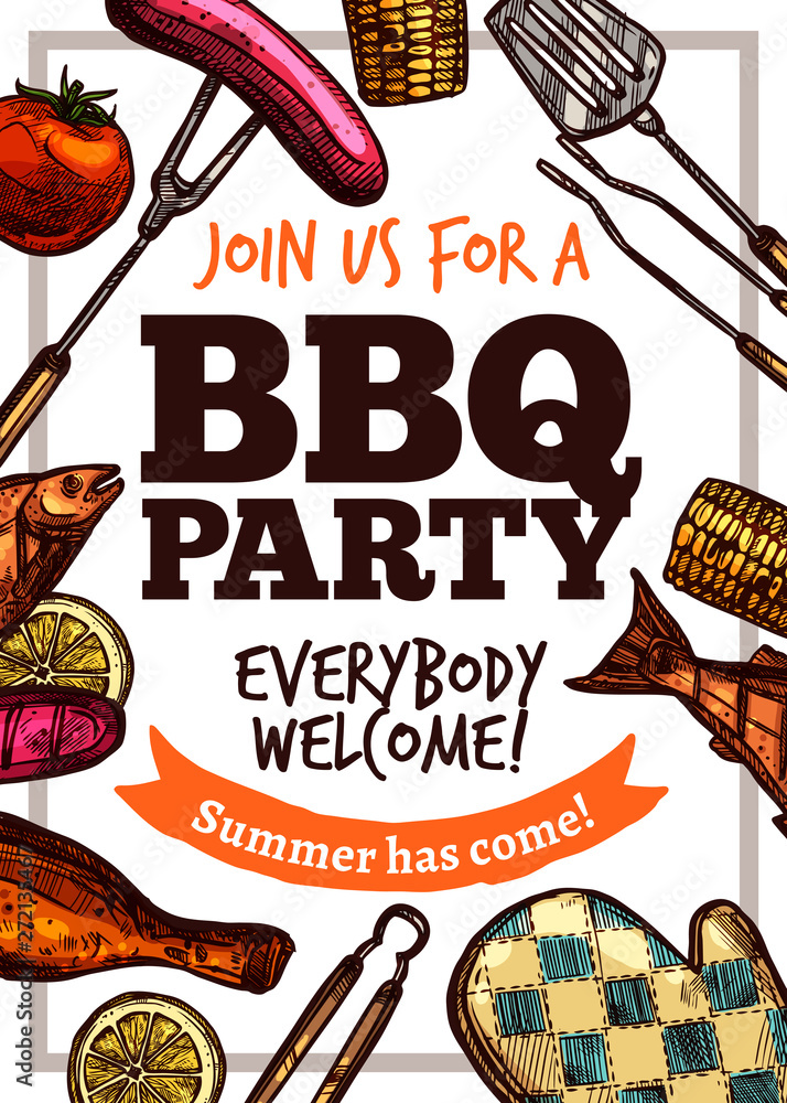 Barbecue vector hand drawn party poster with grill food. Sketch bbq ...