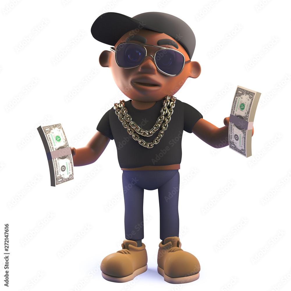 Black 3d hip hop rap singer character holding wads of US Dollar bills ...