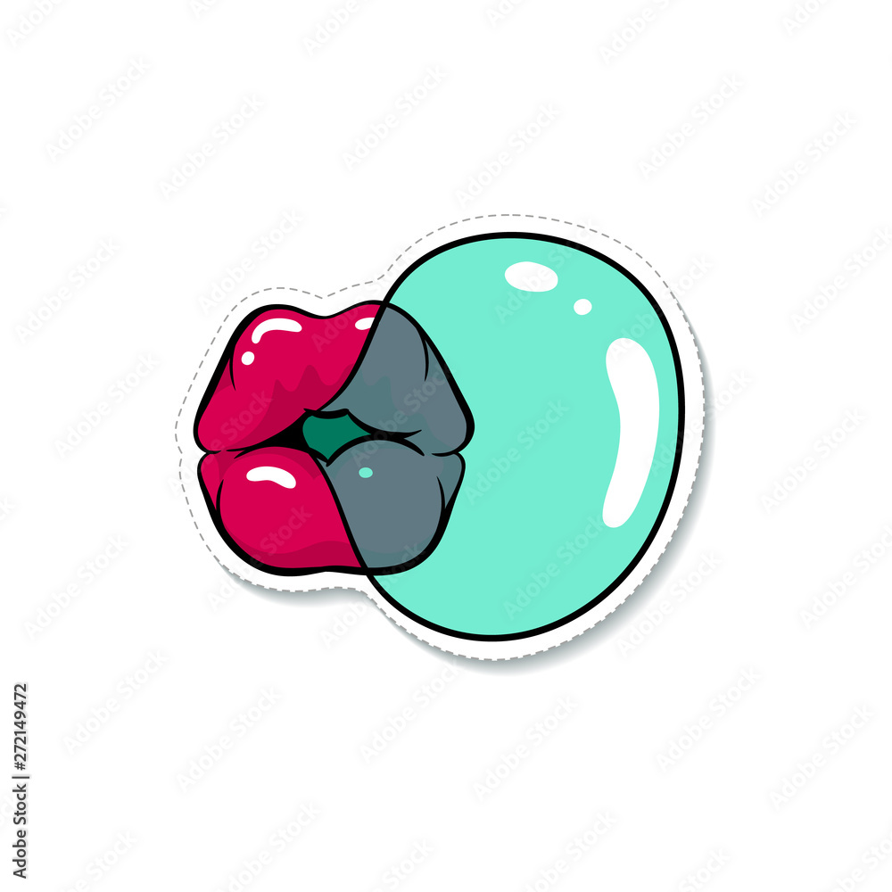 Sticker of female sexy glossy lips in red lipstick and mouth blowing bubble gum. Stock Vector ...