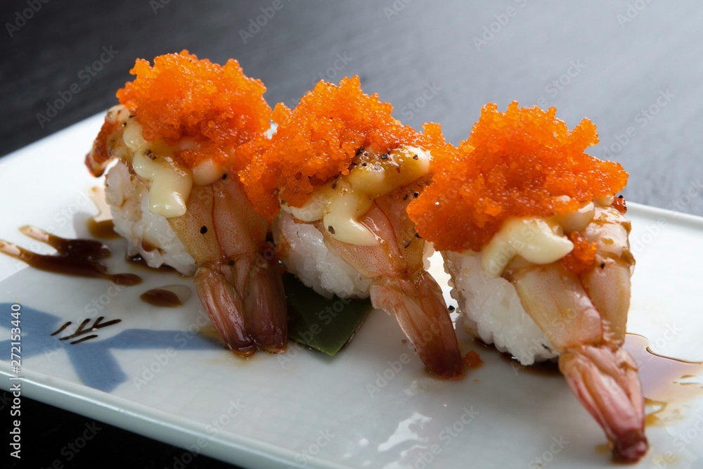 Poster Creative Japanese food menu,sushi Steamed shrimp – Muurposter ...