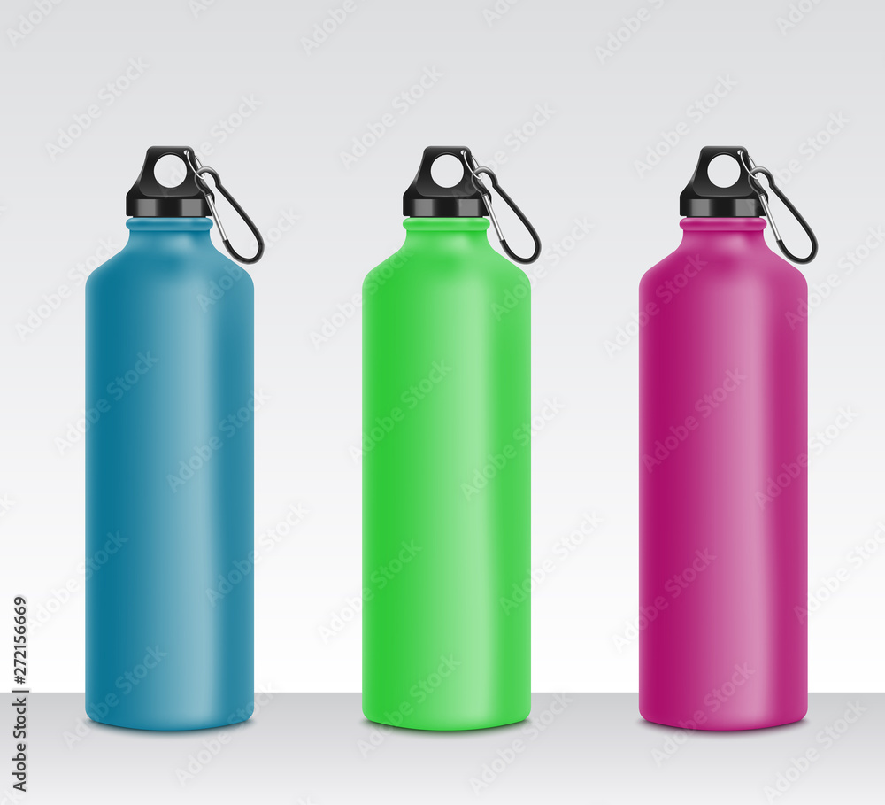 Colorful water bottle set for sport drink, realistic 3D mockup ...