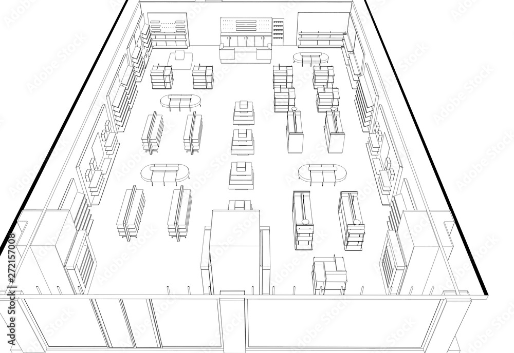 shopping mall, contour visualization, 3D illustration, sketch, outline ...