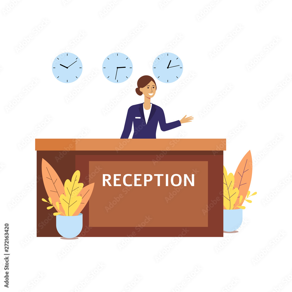 Hotel receptionist at front desk lobby room, happy cartoon woman in ...