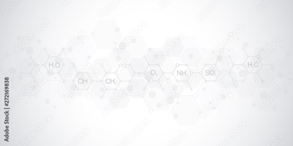 Abstract chemistry pattern on soft grey background with chemical ...