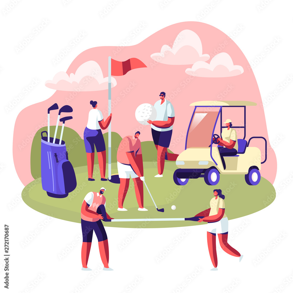 Happy People on Golf Field, Summer Relaxing at Golfclub. Summertime ...