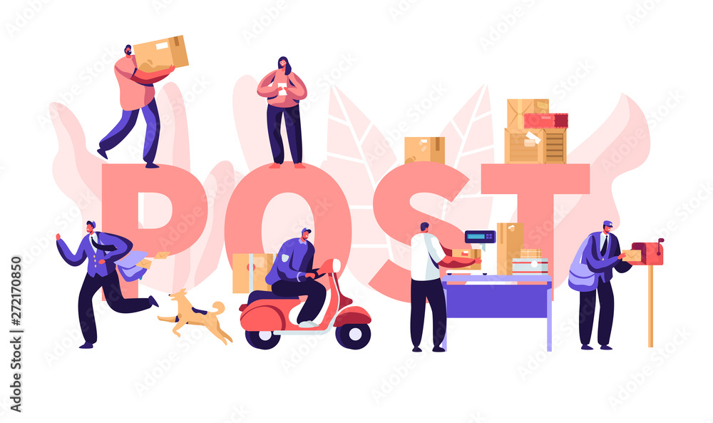People in Post Office Concept, Postmen Deliver Mail Packages to ...