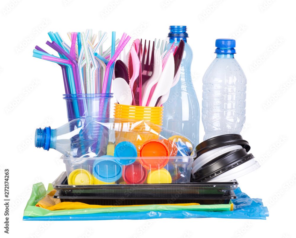 Disposable single use plastic objects such as bottles, cups, forks ...