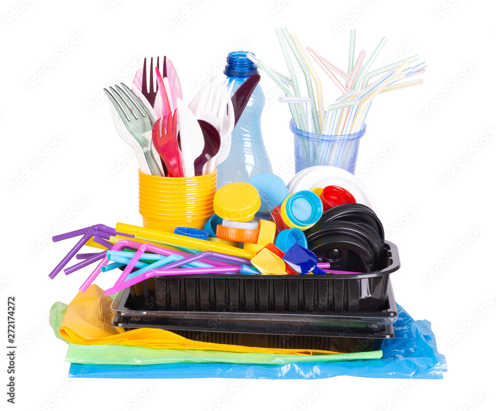 Disposable single use plastic objects such as bottles, cups, forks ...