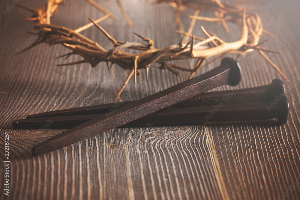 Symbols of the Crucifixion of Jesus Christ on a Wooden Table Stock ...
