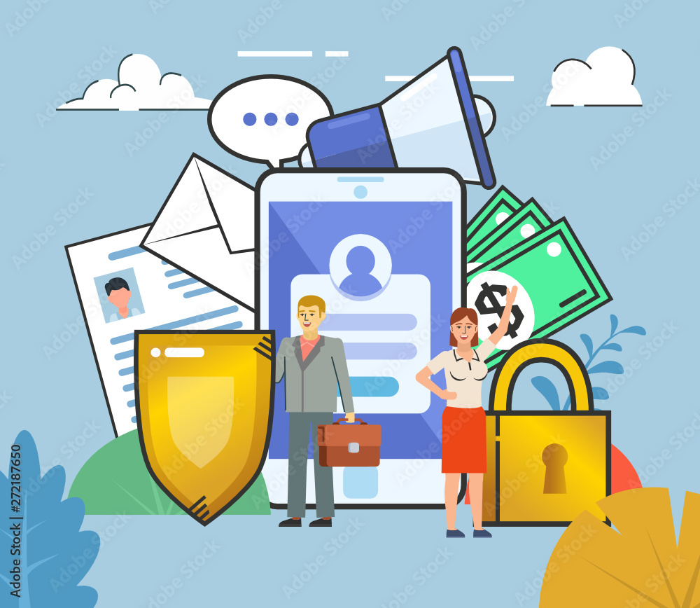 Personal data under protection, privacy, security concept. People stand ...