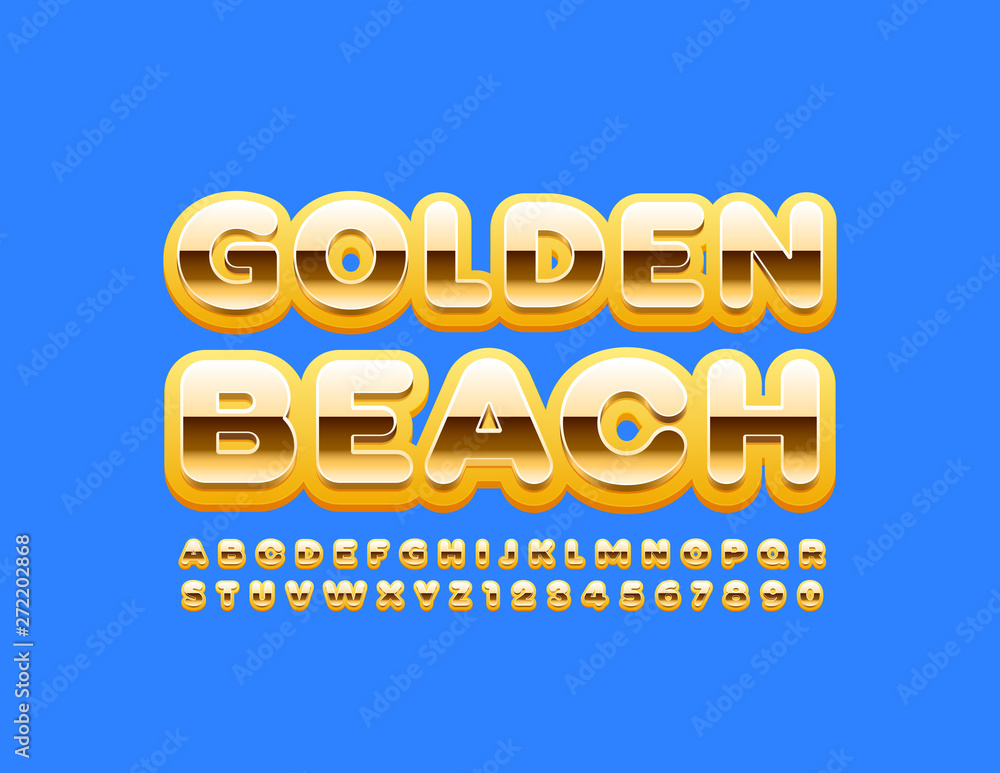 Vector bright emblem Golden Beach with unique Font. Creative Alphabet Letters, Numbers and ...