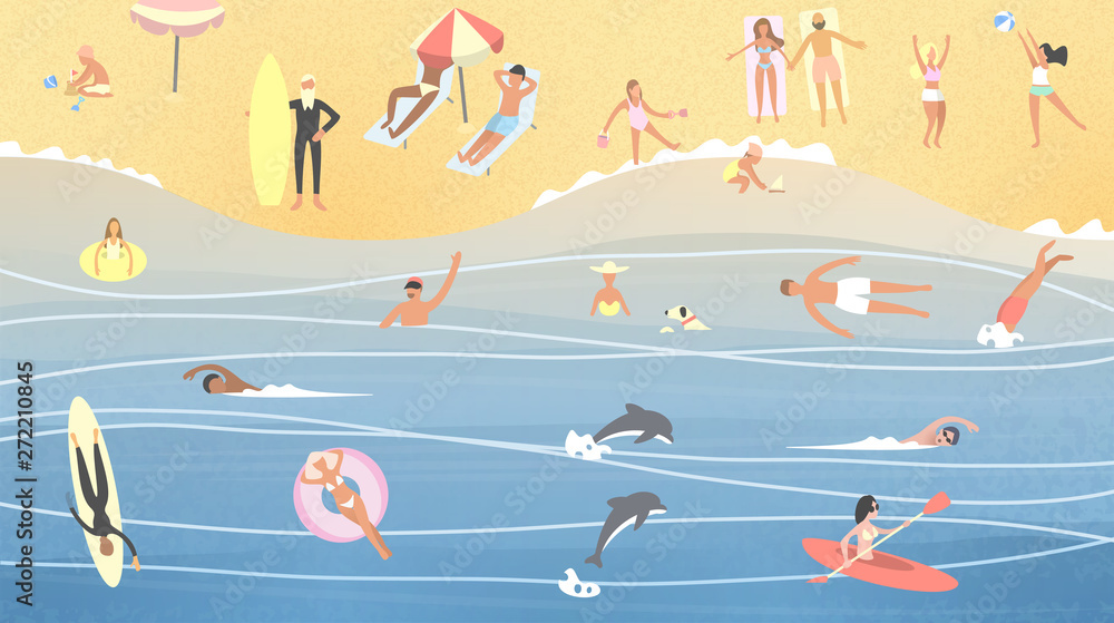 Summer beach recreation. People on the beach. Men and women diving ...