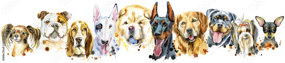 Border from watercolor portraits of dogs for decoration Stock ...