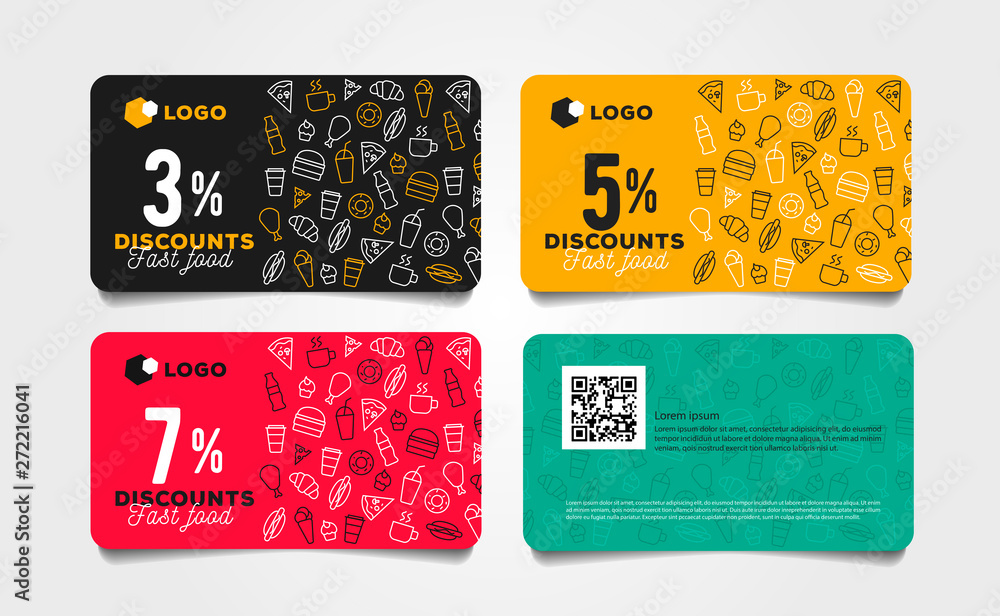 Discount card or voucher fast food template design with linear pattern ...