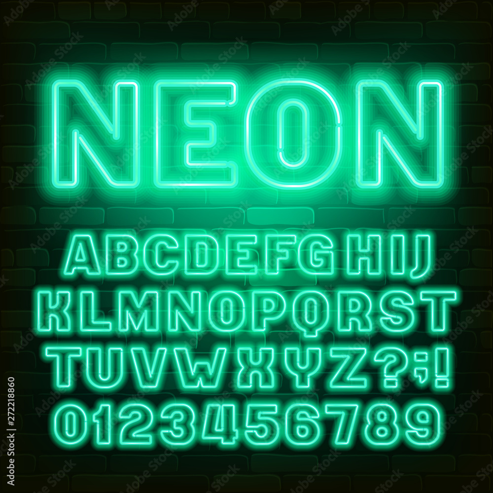 Green neon alphabet font. Retro light bulb capital letters and numbers ...