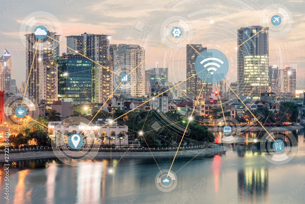 Smart city and wireless communication network concept. Digital network ...
