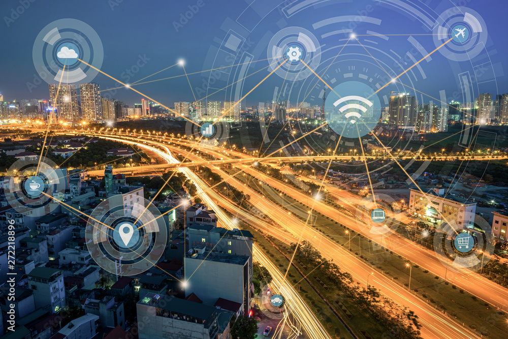 Smart city and wireless communication network concept. Digital network ...