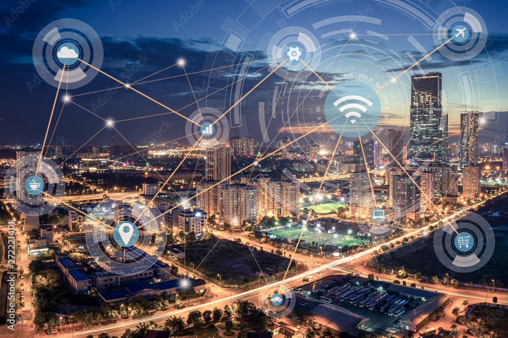 Smart city and wireless communication network concept. Digital network ...