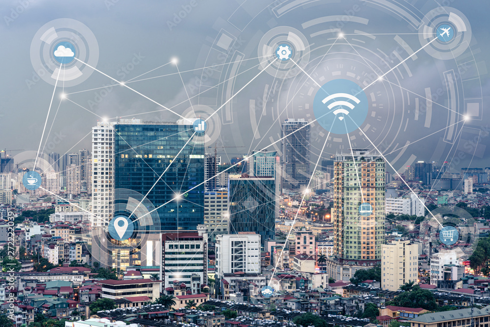 Smart city and wireless communication network concept. Digital network ...