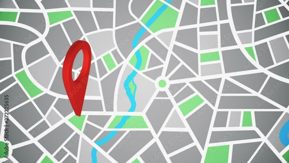 Schematic map of the city with a red pinpoint. Rotating red pinpoint on ...
