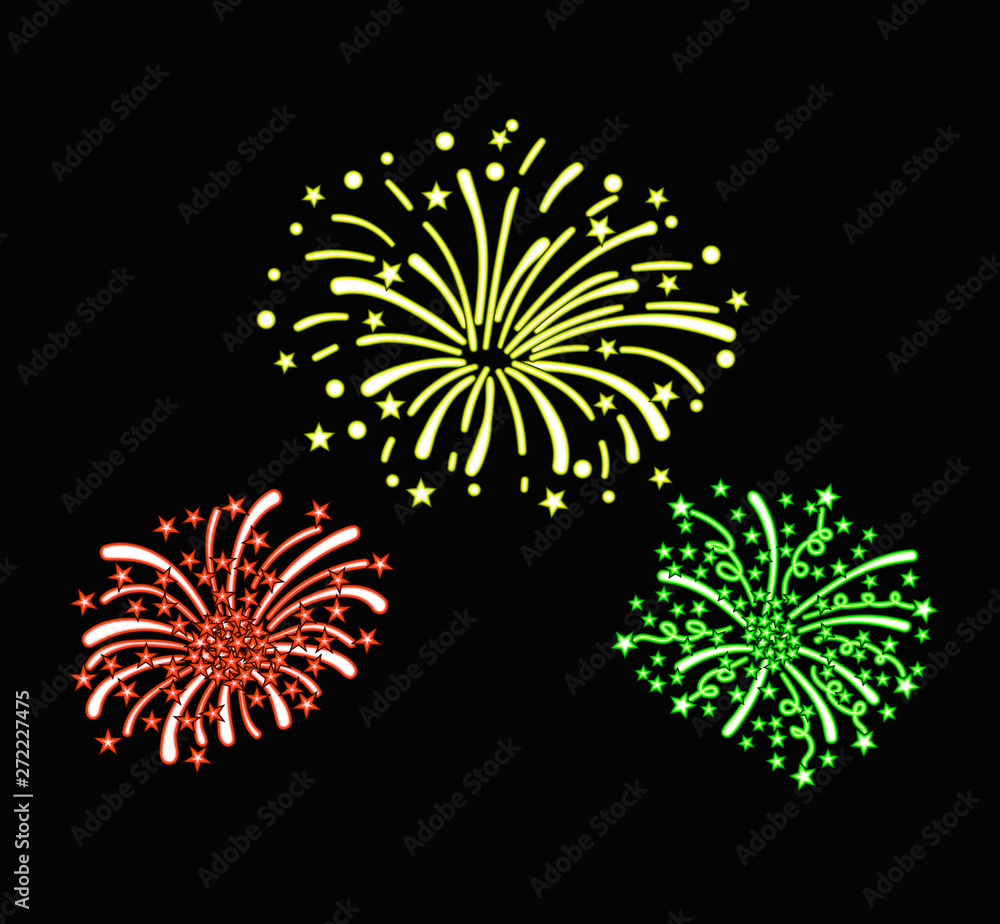 Vector Colorful Neon Doodle Fireworks Isolated on Black Background ...
