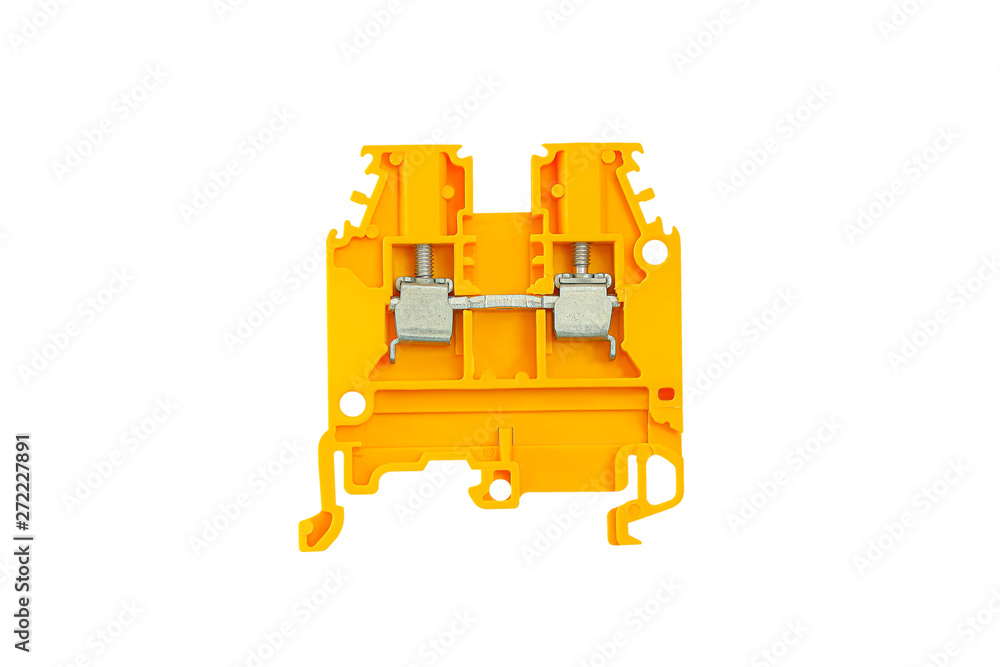 Yellow electrical terminal for connecting wires for DIN rail ...