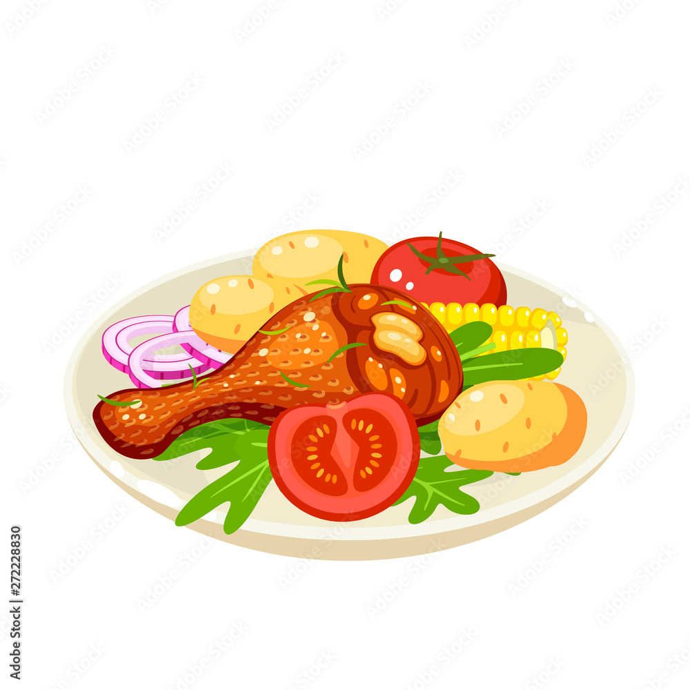 Fried chicken drumstick, leg with vegetable garnish on a dish. Vector ...